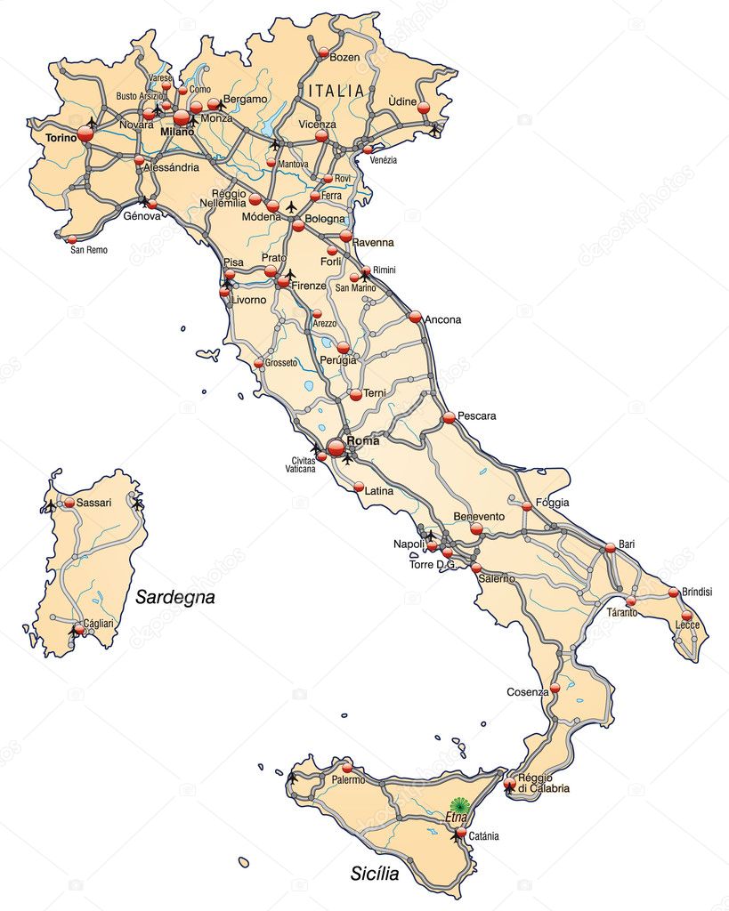 Mapa de Italia con las carreteras — Vector de stock © artalis #9556673