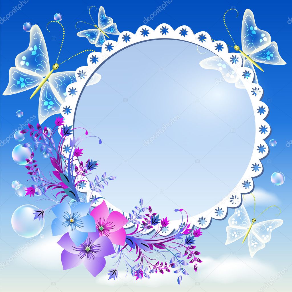 Flowers, butterflies in the sky and photo frame Stock Vector by ...