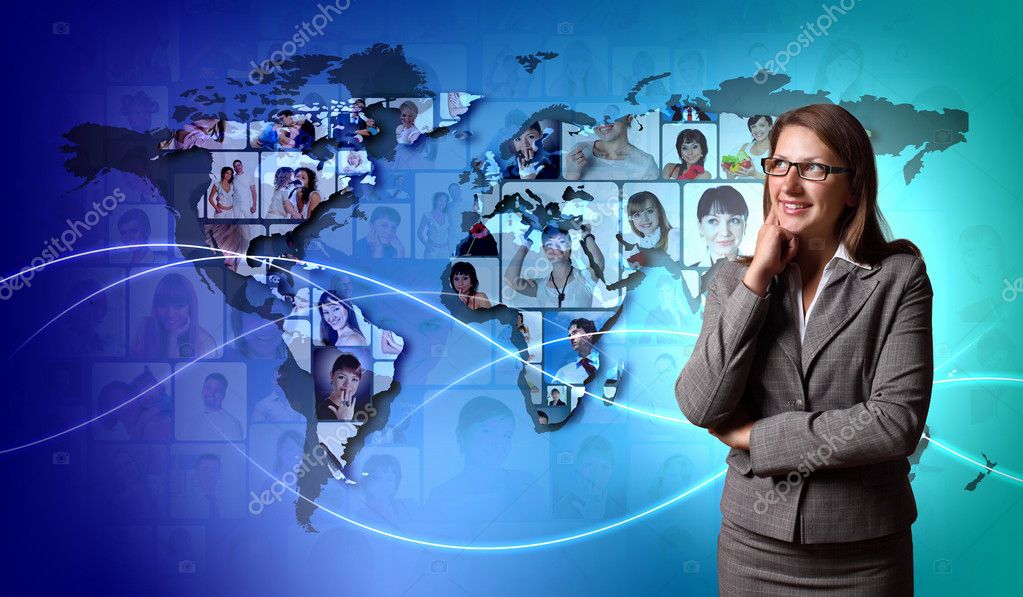 Young woman against world map background Stock Photo by ©SergeyNivens ...