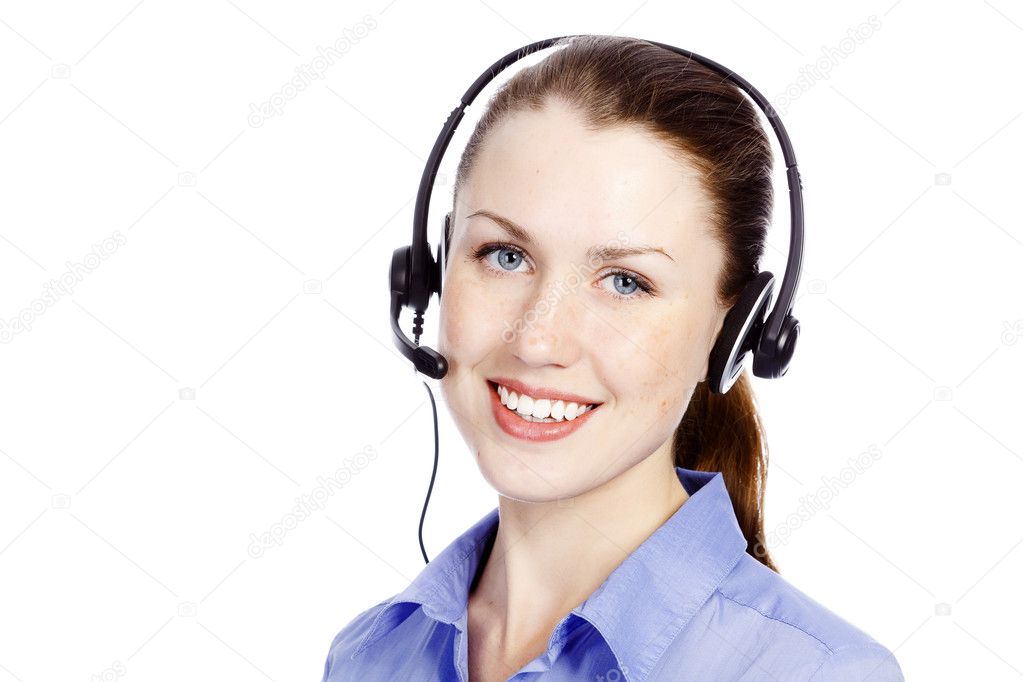 Beautiful customer service operator woman with headset — Stock Photo ...