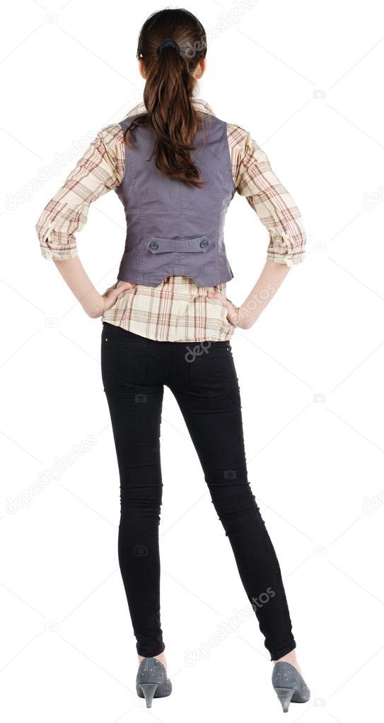 Back view of standing beautiful brunette business woman. Stock Photo by ...