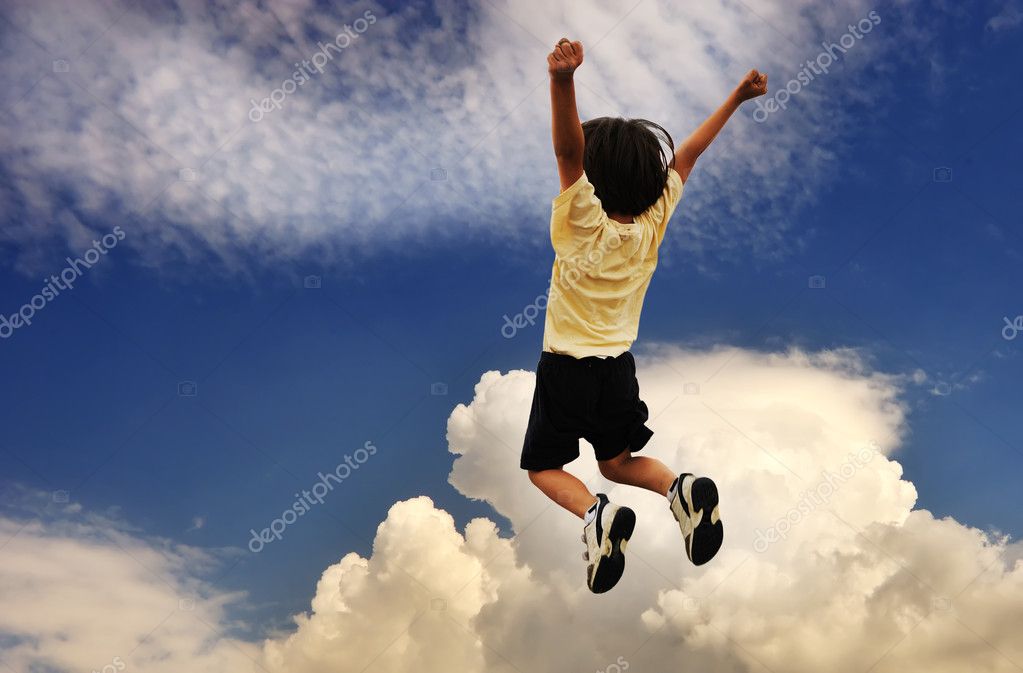 Kid celebrates, high jumping up, successful winner — Stock Photo ...