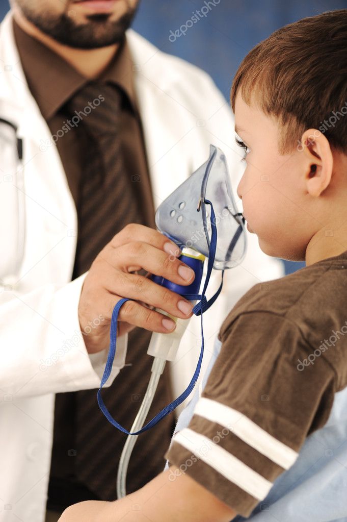 Doctor, child, inhaler mask for breathing, hospital Stock Photo by ...