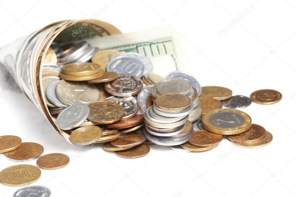 Horn from dollar denominations with fine coins — Stock Photo © strelok ...