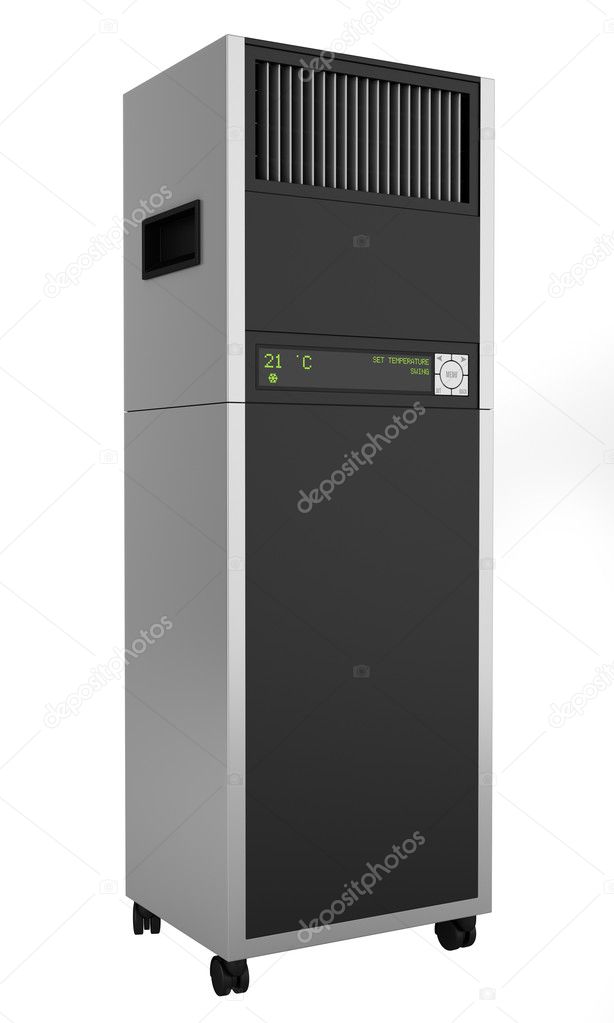 Modern black standing air conditioner isolated on white background ...