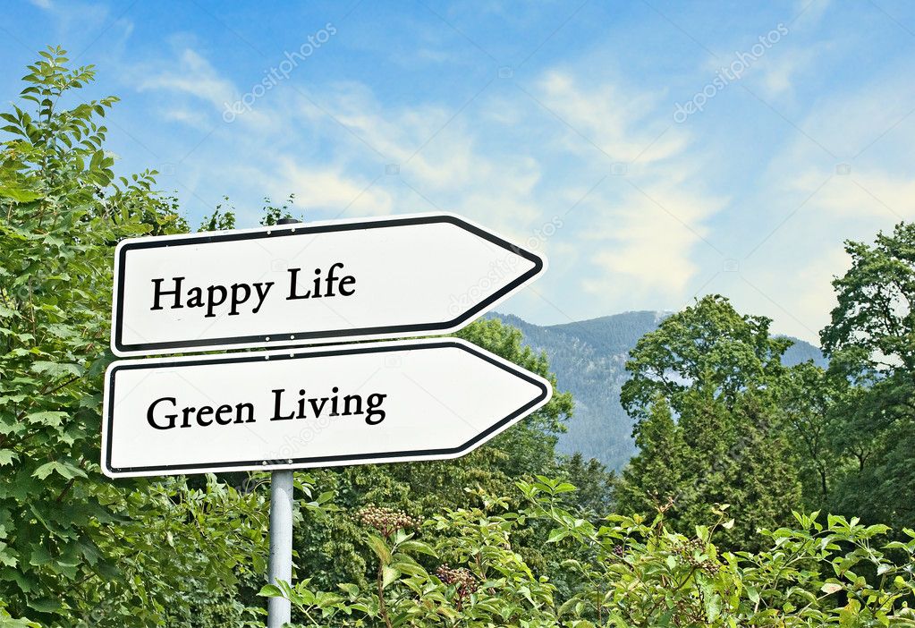 Road signs to Happy life and green living — Stock Photo © vaeenma #9624682