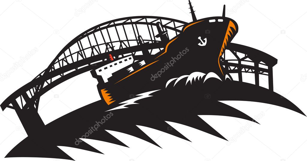 Freighter Cargo Container Ship With Bridge Stock Illustration by ...