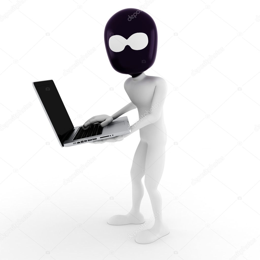 3d man hacker, stealing data from a laptop — Stock Photo ... 3d man hacker, stealing data from a laptop — Stock Photo ...