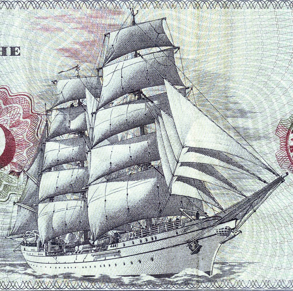 Detail of bank notes in 10 DM 1963. with the image of the ship «Gorch ...