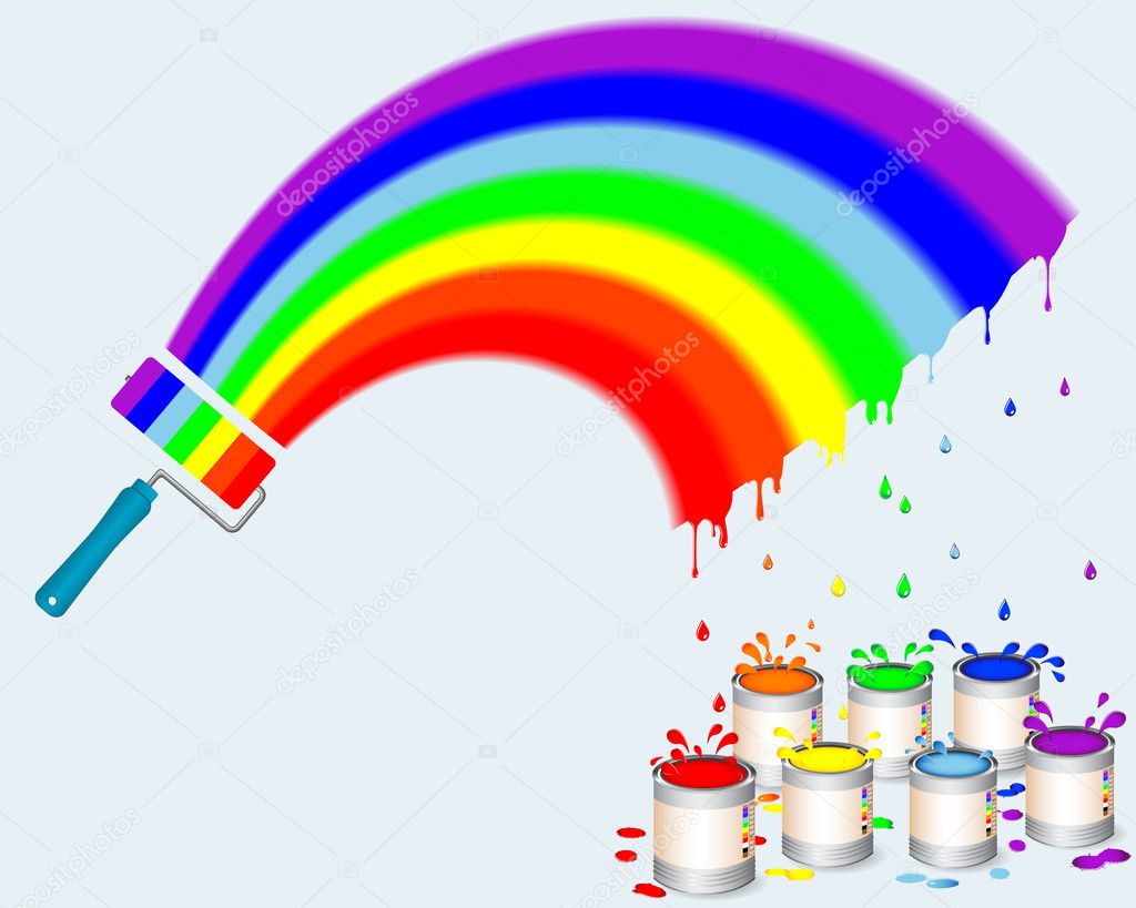 Rainbow paint roller with pots of paint. — Stock Vector © lucky777 #8620318