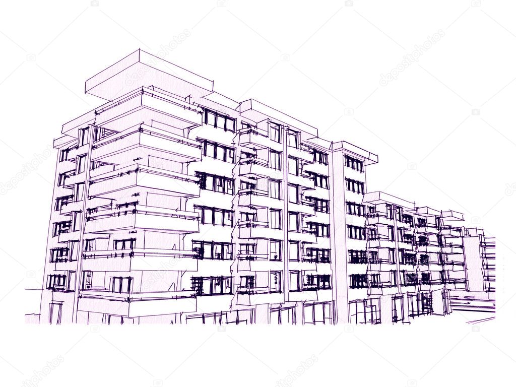 Idée de croquis, dessin de bâtiment résidentiel — Photographie pajche ...