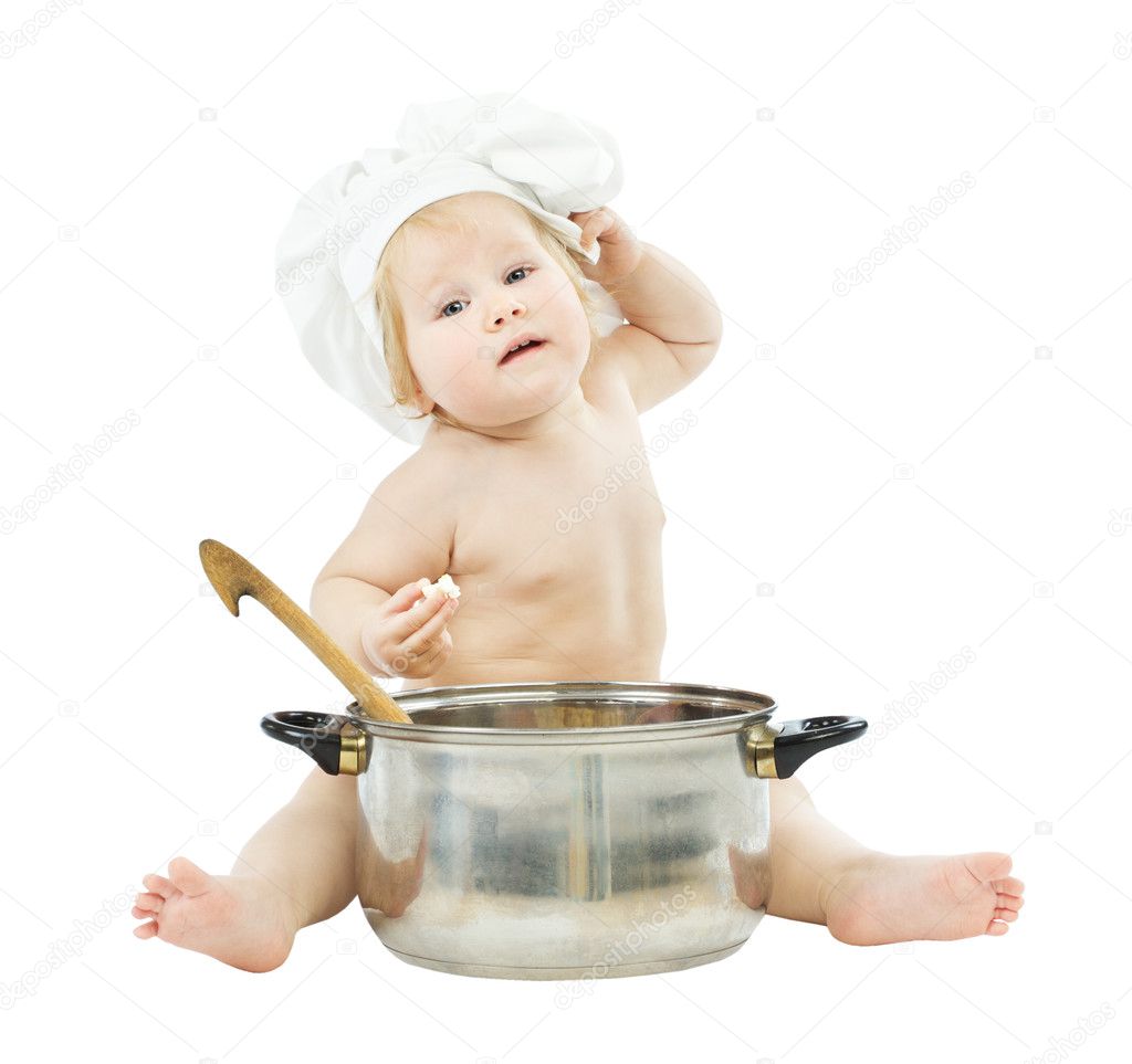 Baby cook in chef hat with big pot Stock Photo by ©inarik 9249696