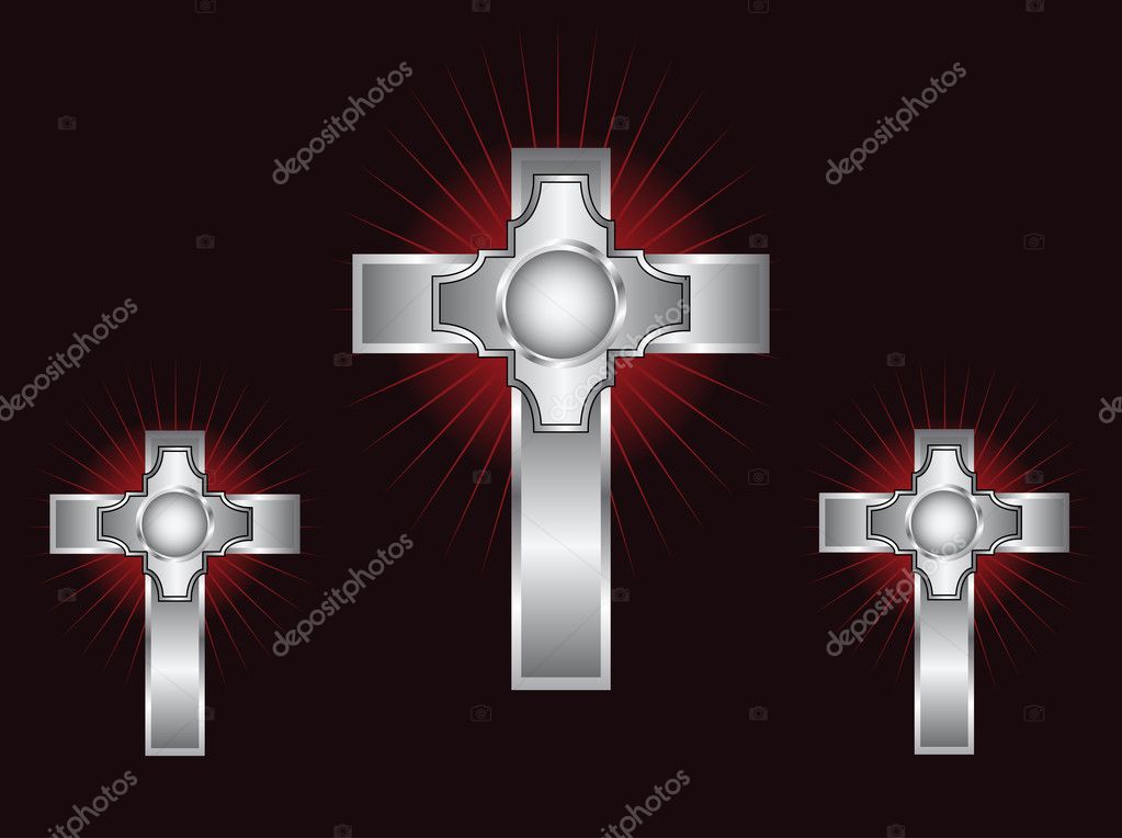 Three ornate silver crosses on a maroon background Stock Vector by ...