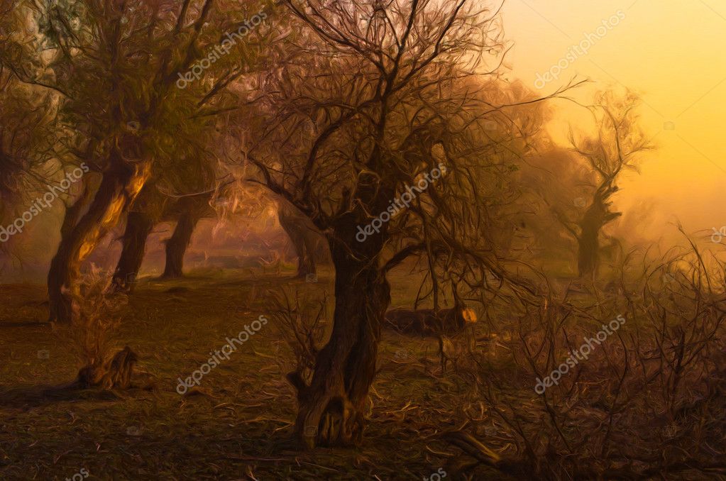 Creepy landscape painting showing mystical forest on dark autumn day ...