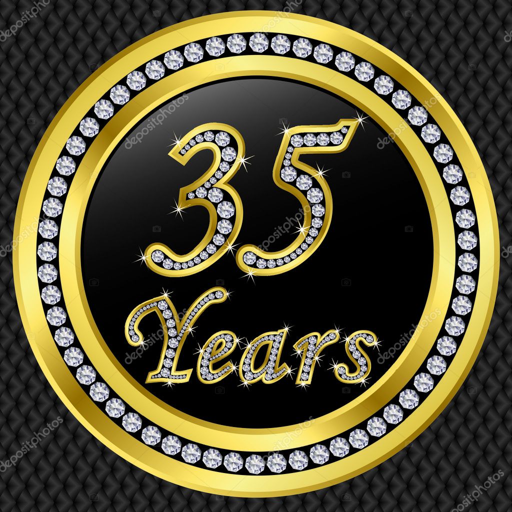 35 years anniversary, happy birthday golden icon with diamonds, vector ...