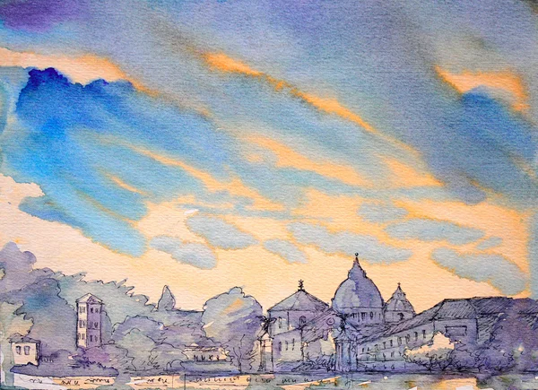 Roman cityscape with via Sacra and Arch Tito painted by watercolor ...