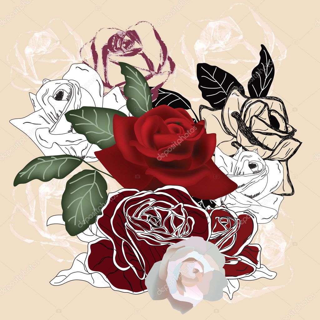 Composition with roses painted in different styles — Stock Vector ...