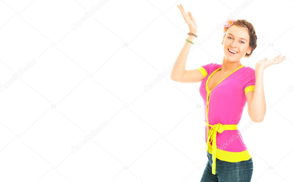 Pretty young woman with raised hands isolated on white background ...