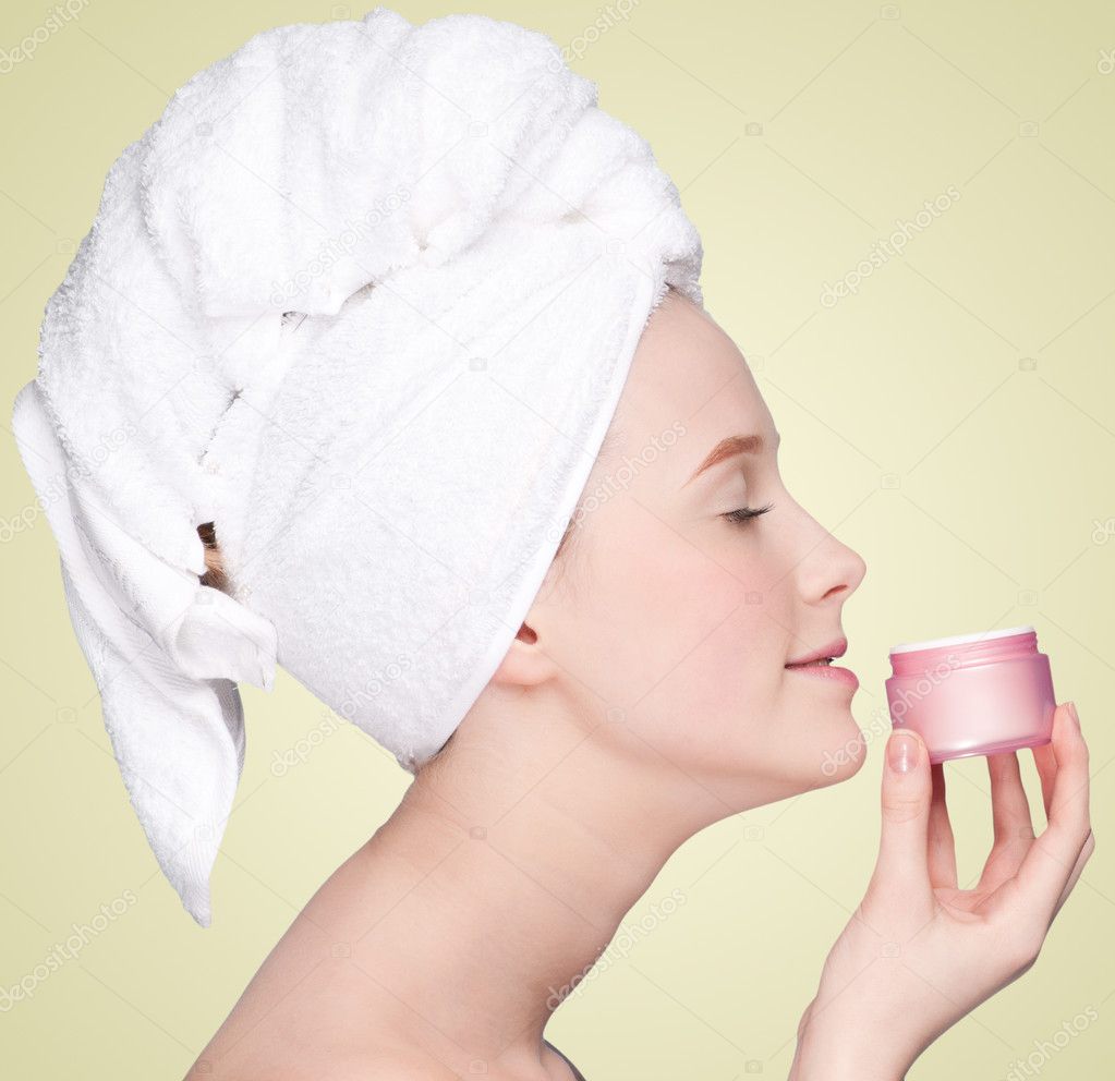 Beautiful woman tender jar of moisturizer cream Stock Photo by ©markin ...