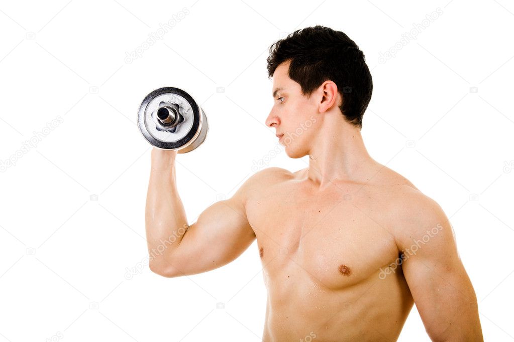 Powerful muscular young man lifting weights — Stock Photo © cristovao ...