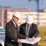 Two architects man point at construction site Stock Photo by ...