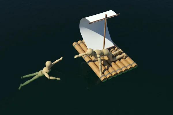 The wooden man on a raft pulled out to a drowning man. Top view - Stock ...