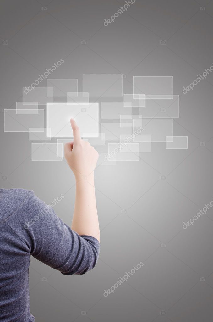 Business lady pushing button on the whiteboard. — Stock Photo ...