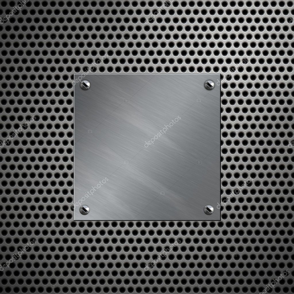 Brushed aluminum plate bolted to a perforated metal background Stock ...