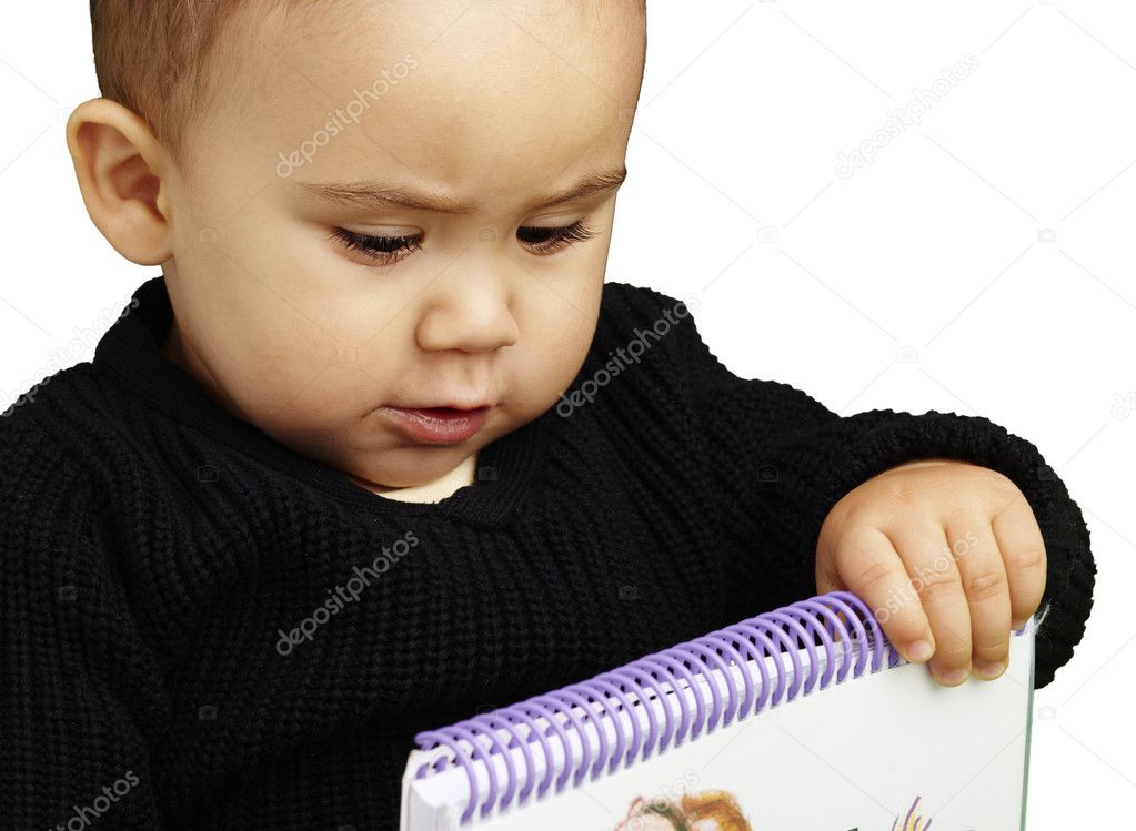 Portrait of kid holding notebook over white background — Stock Photo ...