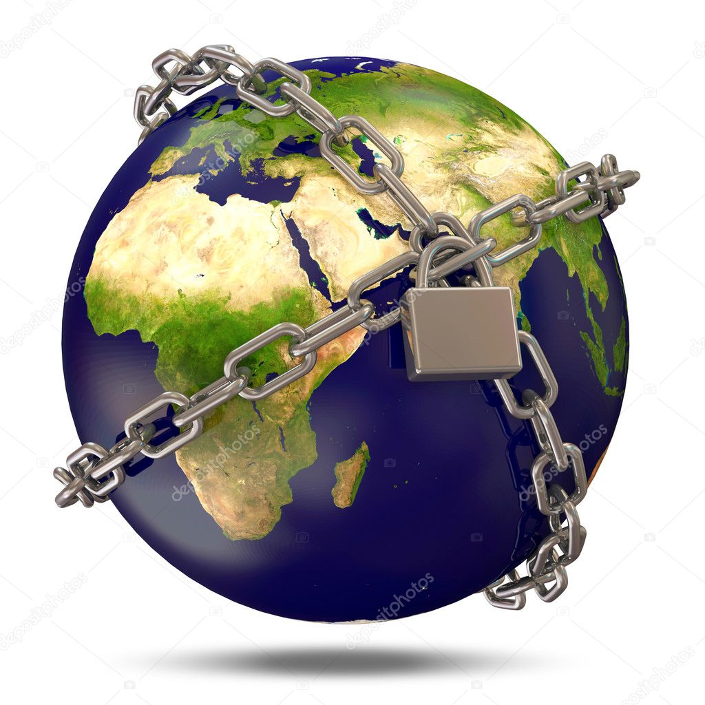 Earth Planet in silver chains closed to lock on white background ...