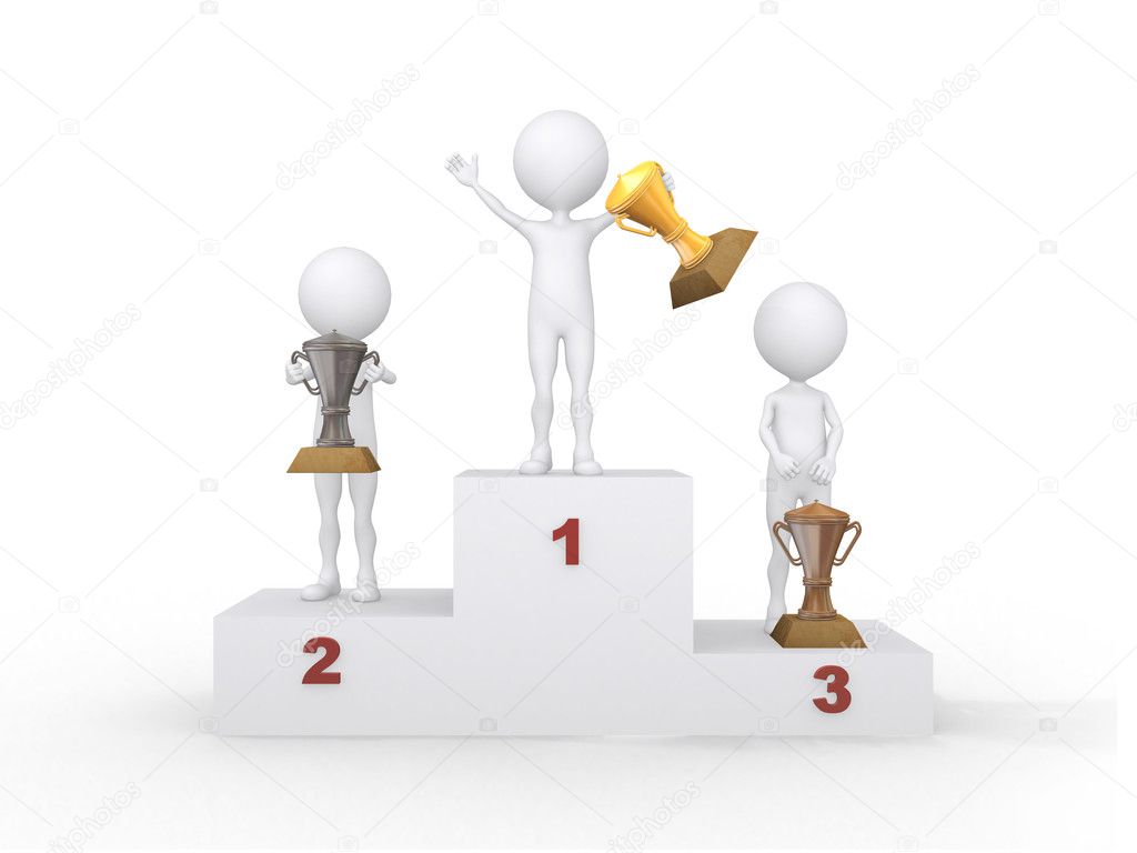 Winner celebrating on podium. 3d rendered illustration. — Stock Photo ...