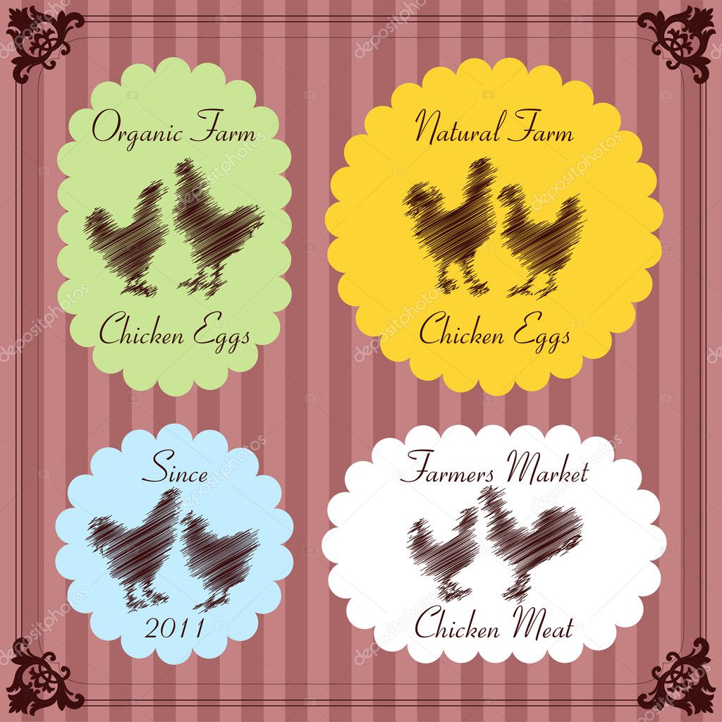Farm chickens egg and meat labels illustration collection Stock Vector ...