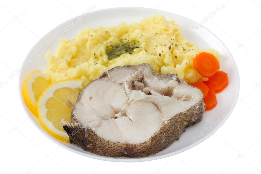 Peixe cozido com purê de batata e cenoura — Fotografia de stock ...