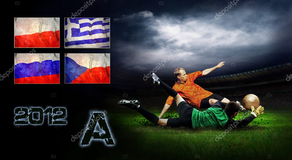 Group of UEFA EURO Championship on the stadium football field ba ...