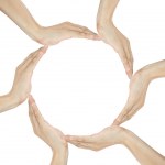 Multiracial human hands making a circle on white background with a copy ...