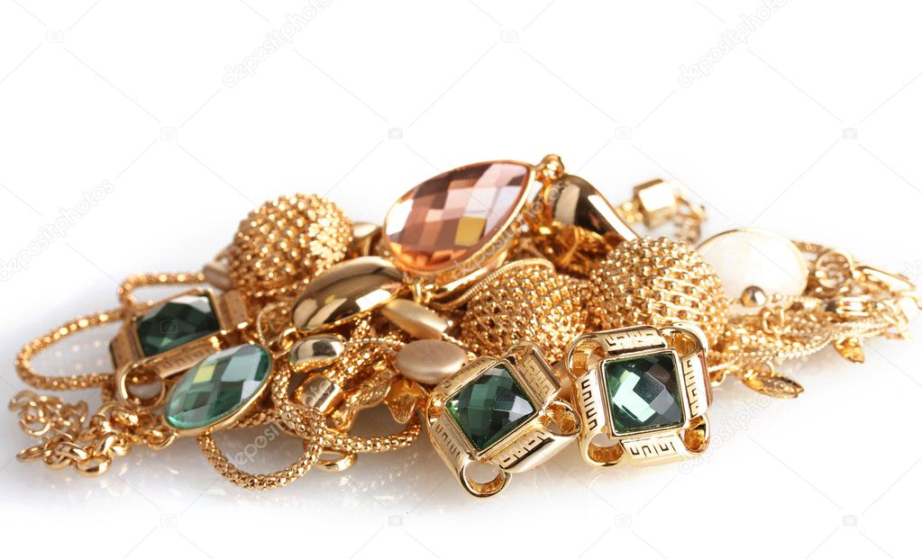 Various gold jewellery isolated on white Stock Photo by ©belchonock ...