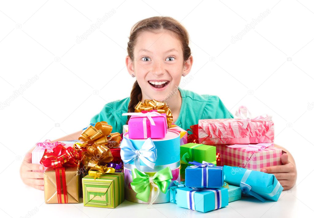 Little girl with gifts isolated on white — Stock Photo © belchonock ...