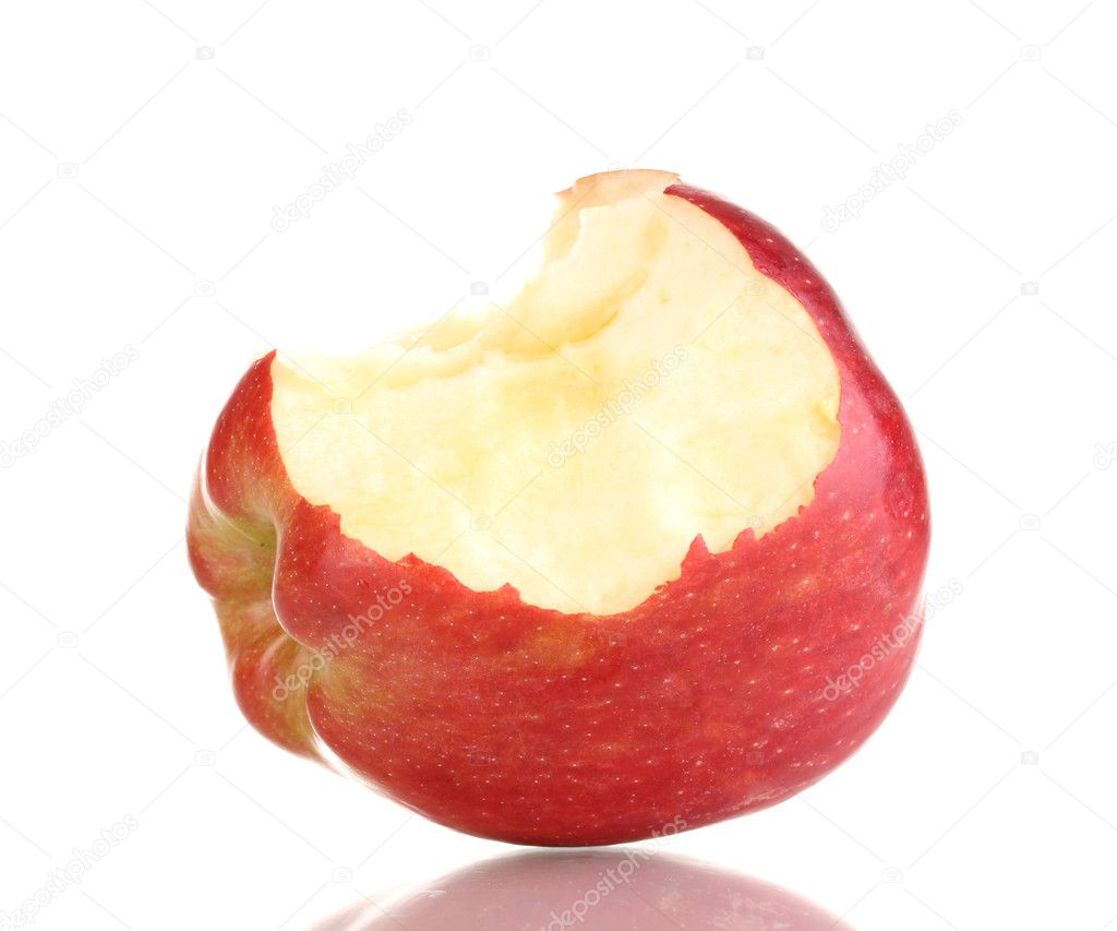Manzana mordida roja aislada en blanco 2023