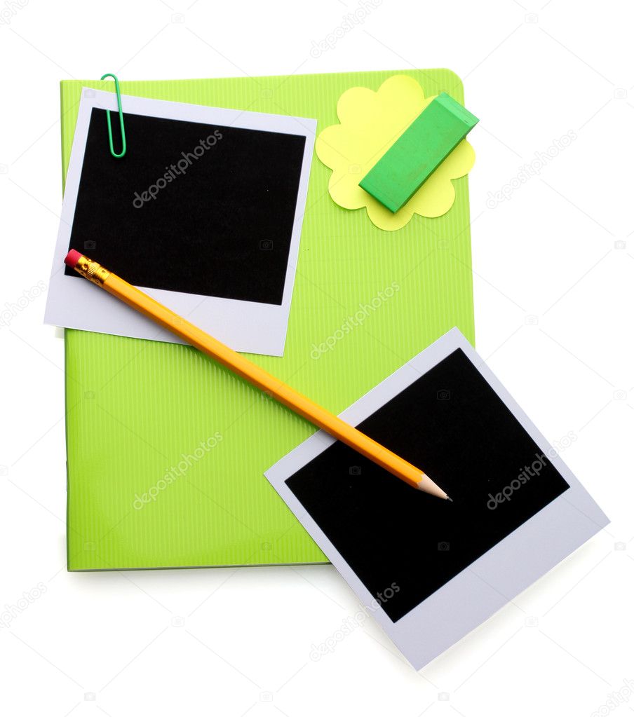 Photo papers and green notebook isolated on white — Stock Photo ...