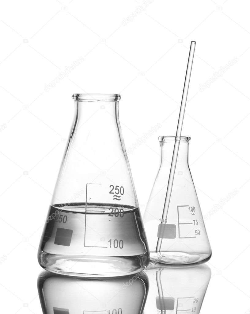 Flask with water and empty flask with reflection isolated on white ...