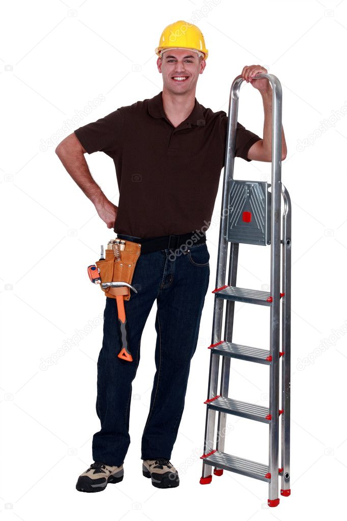 Happy manual worker stood with step ladder — Stock Photo ...