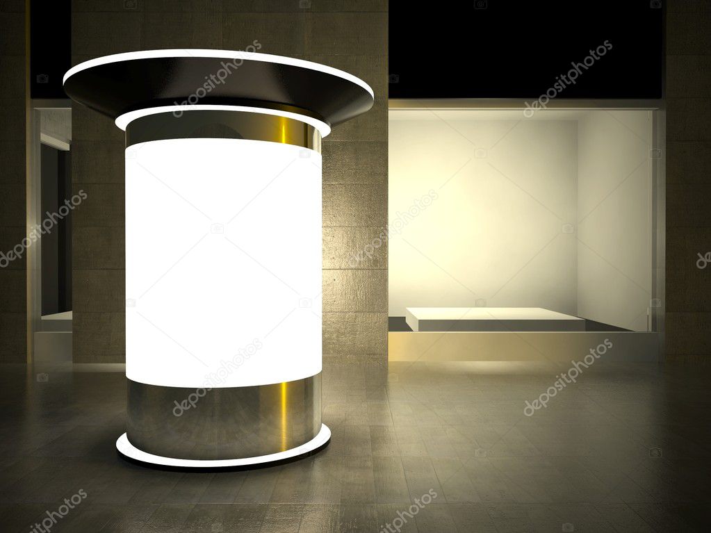 3d blank advertising column and empty glass showcase — Stock Photo ...