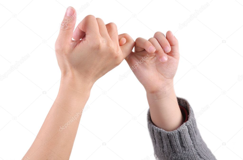 A adults and a childs hands make the promise sign — Stock Photo ...