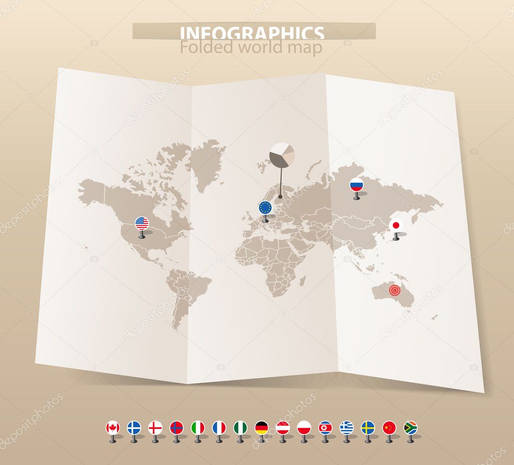 World map on old map and flags of different countries — Stock Vector ...