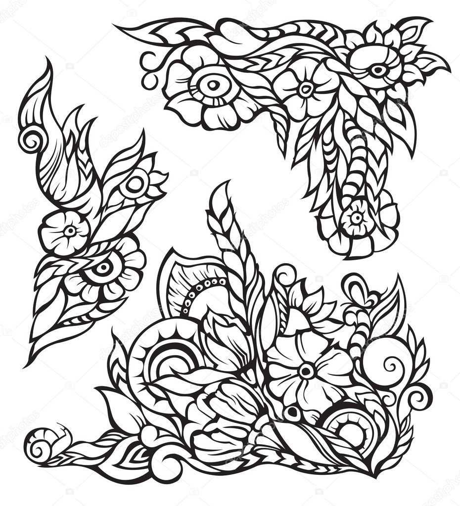 Vector floral border, black contour, isolated — Stock Vector ...