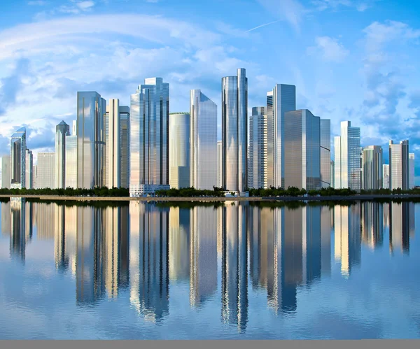 Panoramic Skyline Glass Steel Skyscraper Buildings Reflected Watter ...