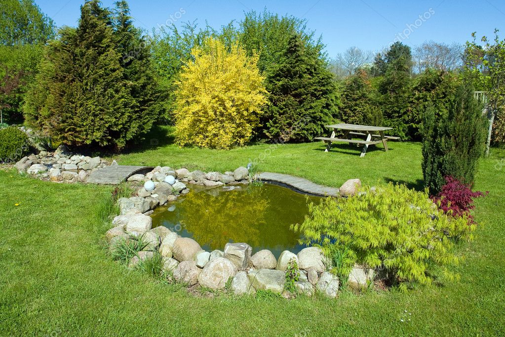 Beautiful classical garden fish pond gardening background — Stock Photo ...