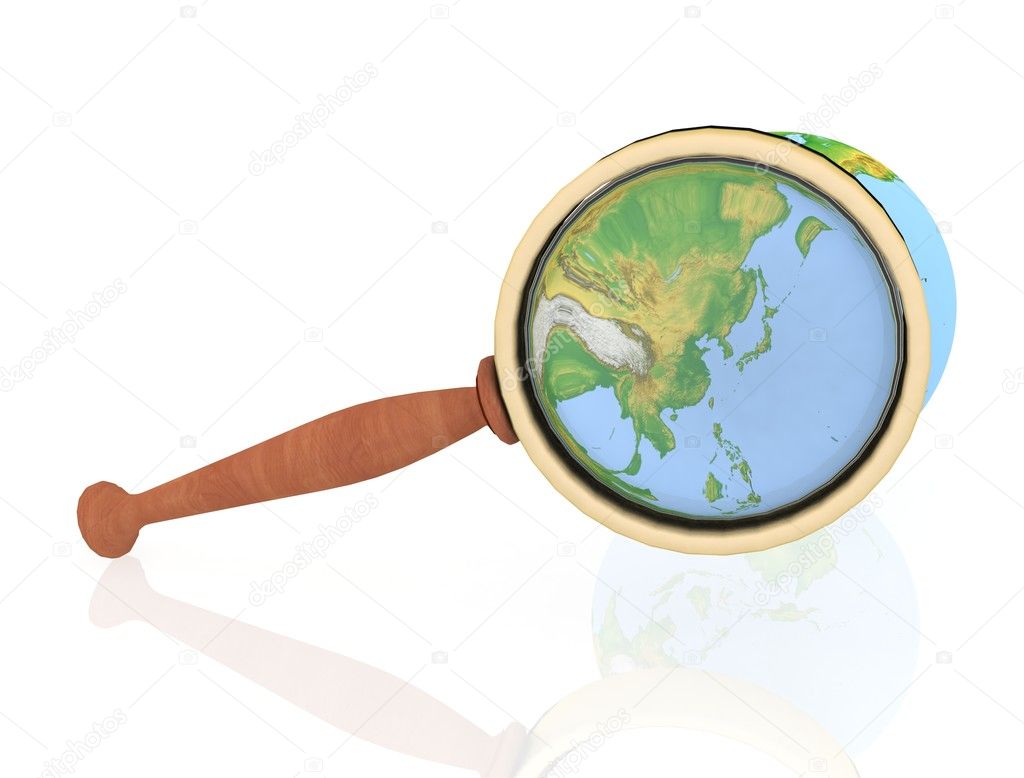 3d ilustración de globo de tierra azul con lupa. Japón 2022