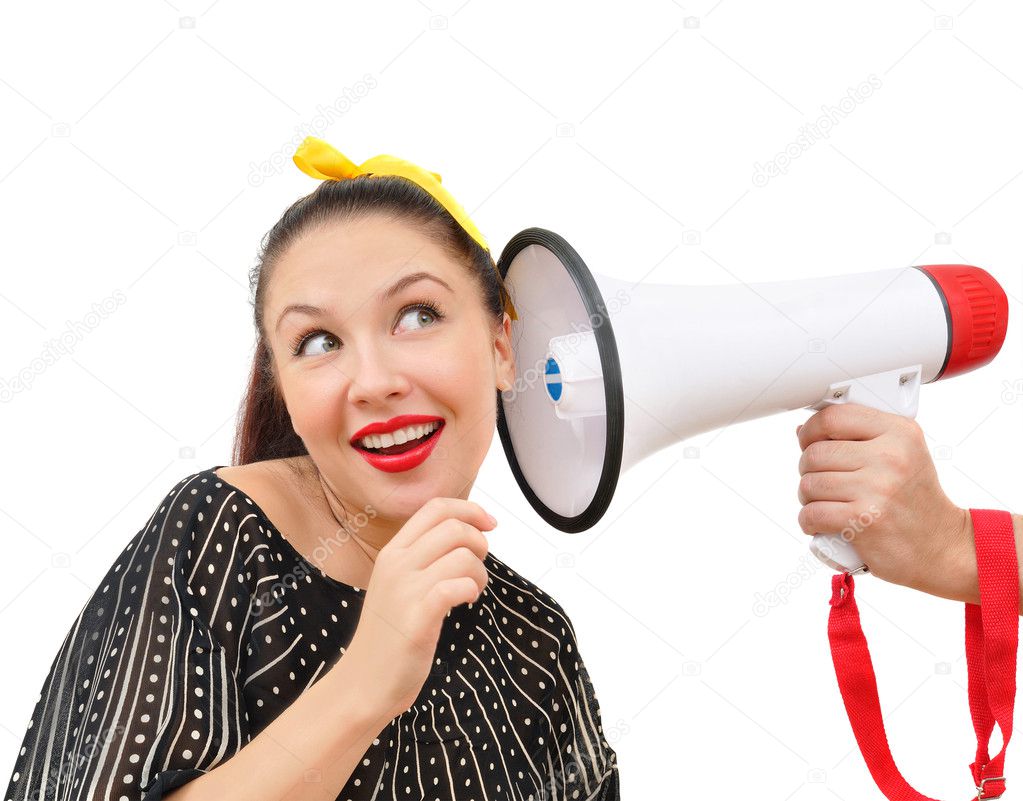 Interested young woman with megaphone — Stock Photo © Boguslavovna #8884382 Interested young woman with megaphone — Stock Photo © Boguslavovna #8884382