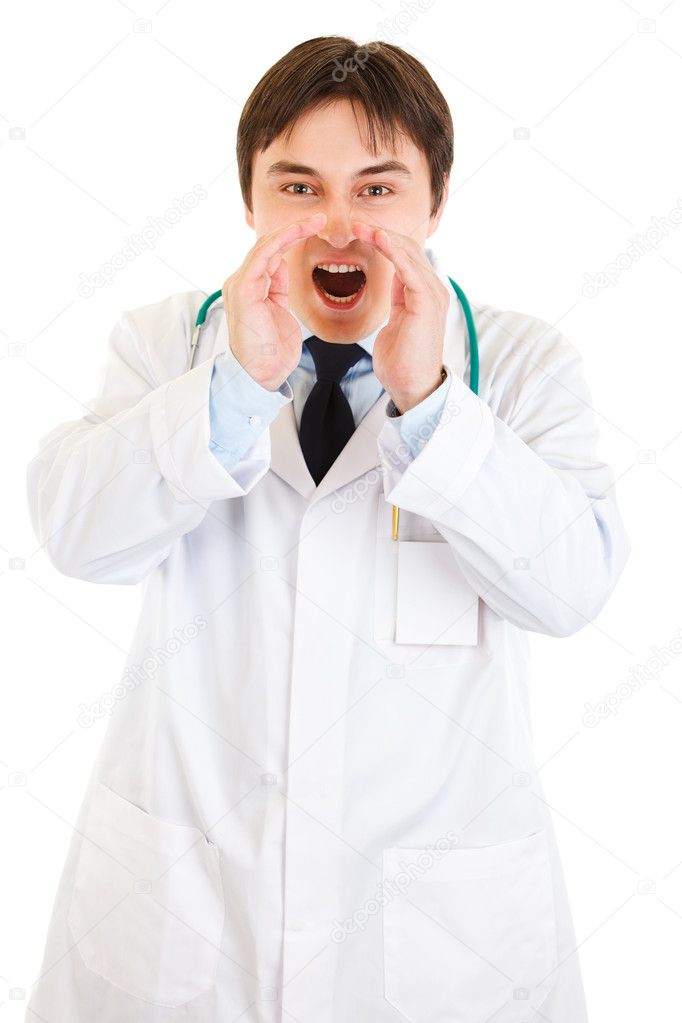 Angry doctor shouting through megaphone shaped hands Stock Photo by ...